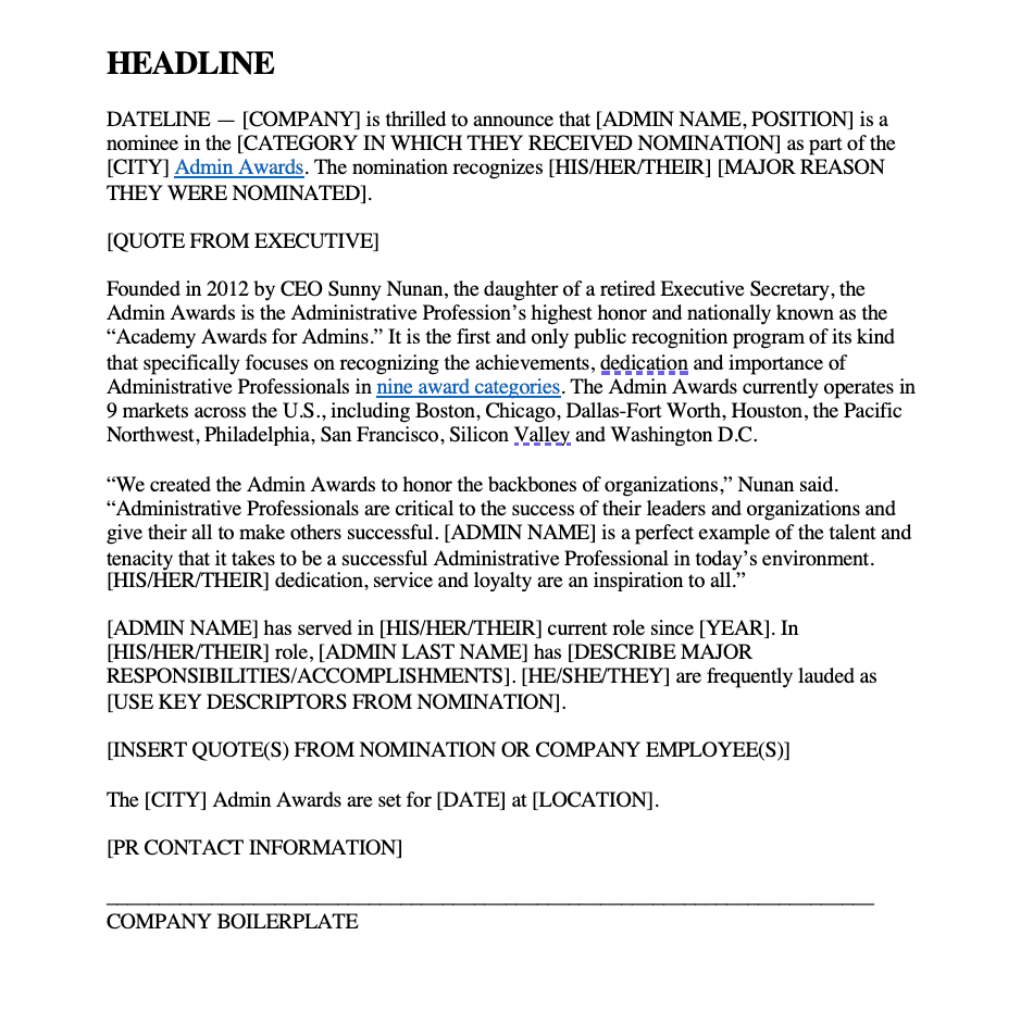 Nominee Press Release - Admin Awards